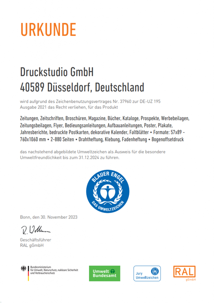 Blue Angel certified printing house - Druckstudio Gruppe Düsseldorf